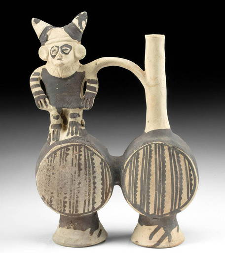 Chancay Pottery Double Chamber Vessel W/ Figure