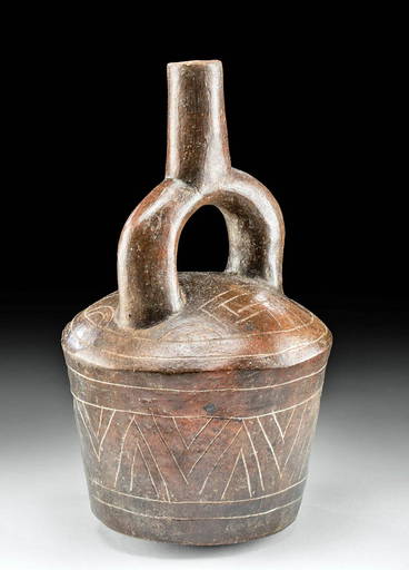 Chavin Pottery Stirrup Vessel, Incised Geometric Design