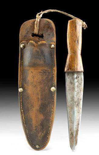19th C. Sioux Steel Beavertail Dag Knife & Sheath