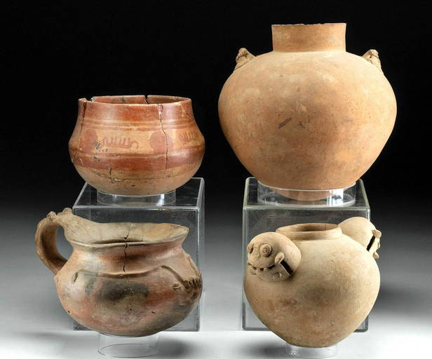3 Costa Rican Pottery Vessels + 1 Maya Copador Bowl