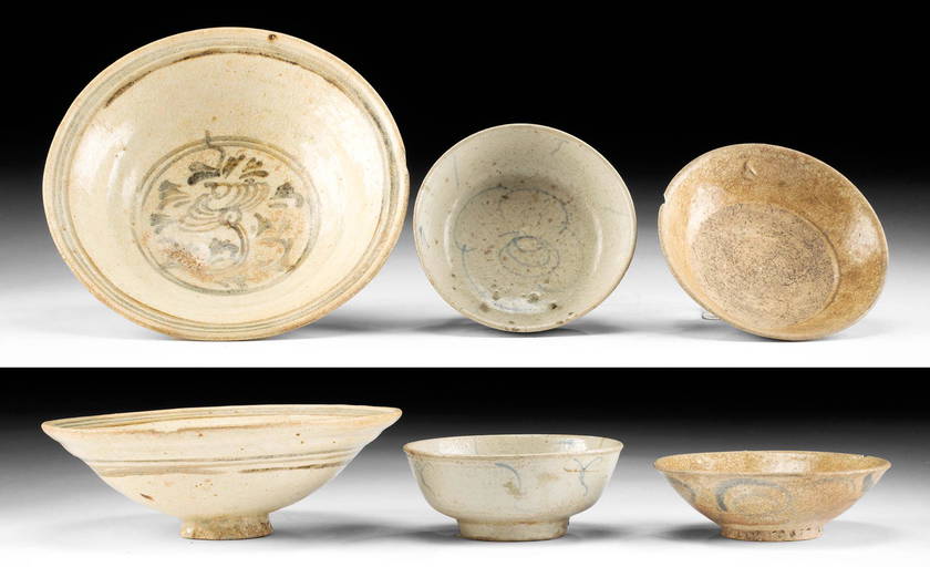 Group Of 3 Burmese Glazed Pottery Bowls, Ex Museum