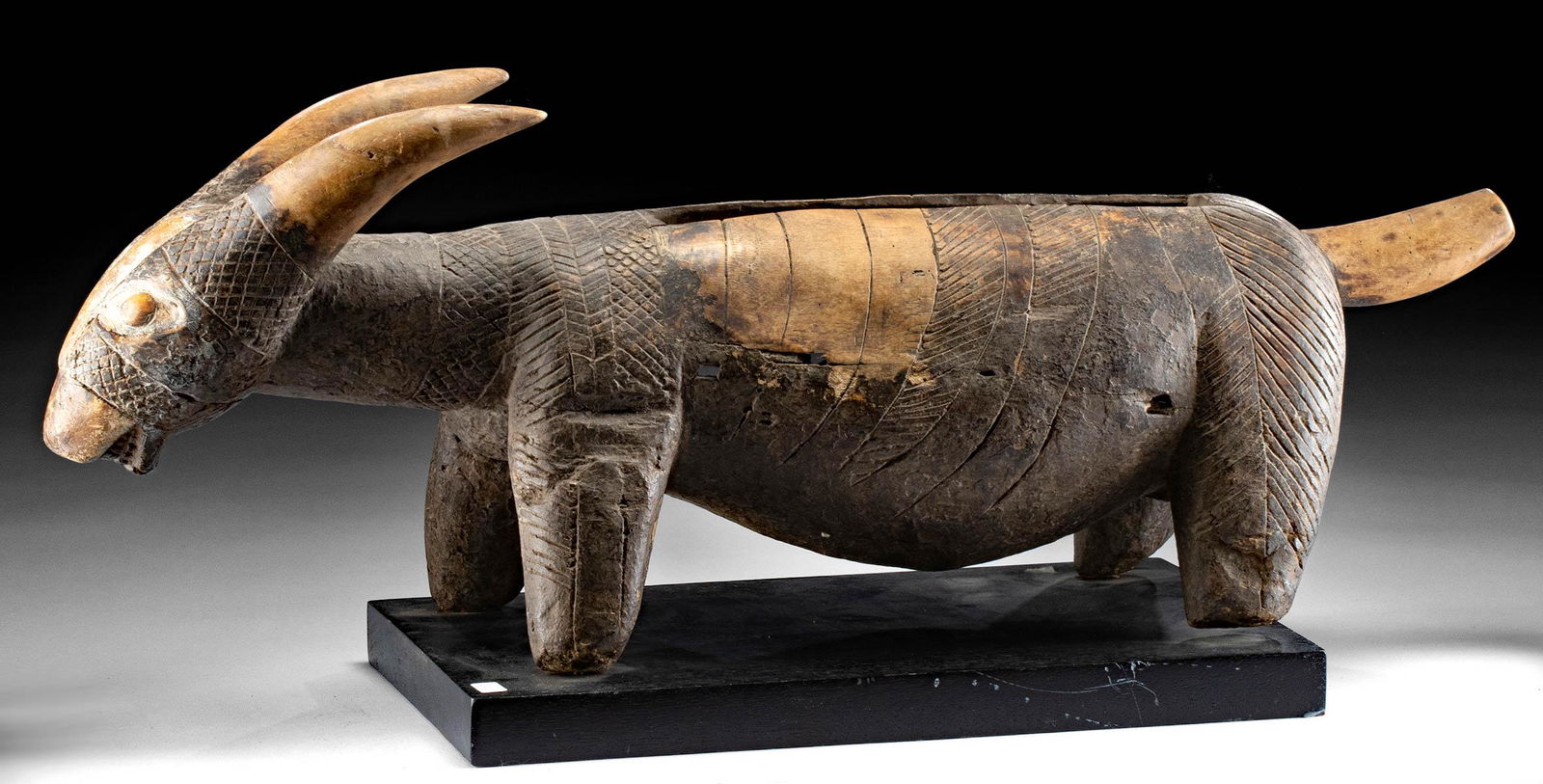 19th C. African Congo Wood Slit Drum - Goat Form | Barnebys