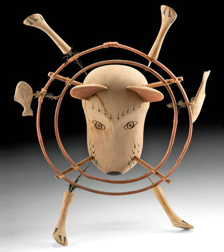 20th C. Yupik / Inupiaq Wood Shamanic Mask W/ Wolf