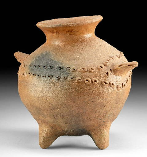 Costa Rican Pottery Tripod Jar W/ Frog Heads