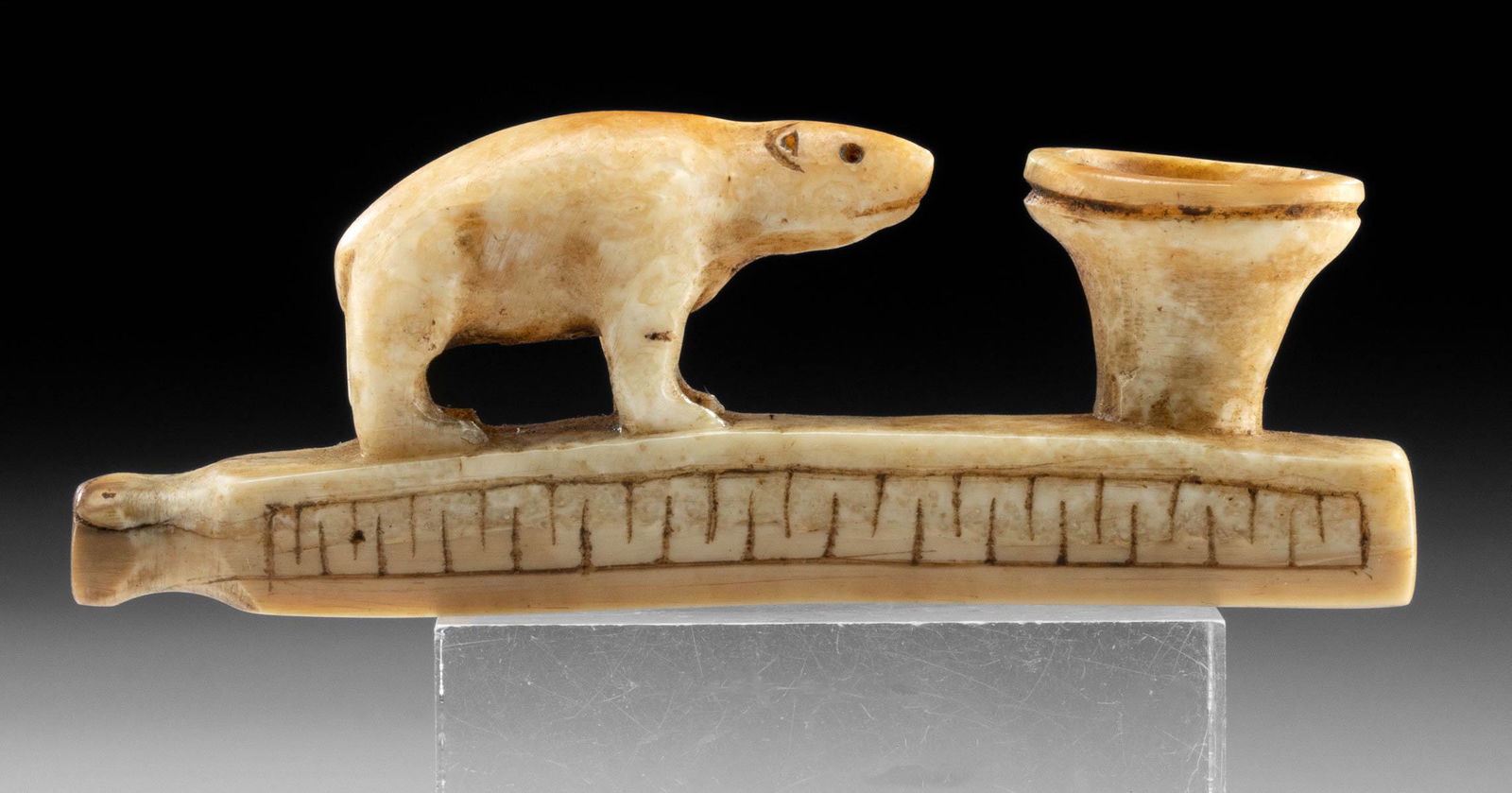 19th C. Inuit Walrus Ivory Smoking Pipe W/ Polar Bear