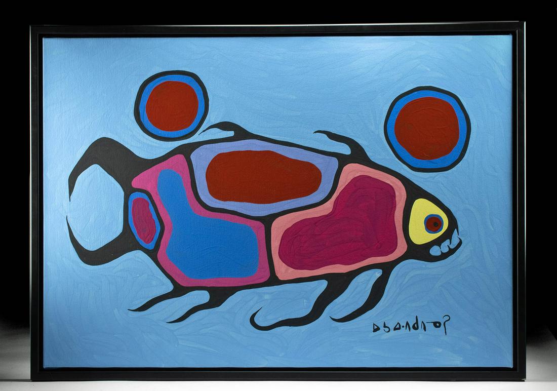 Signed Norval Morriseau Painting Sacred Fish Ca. 1985