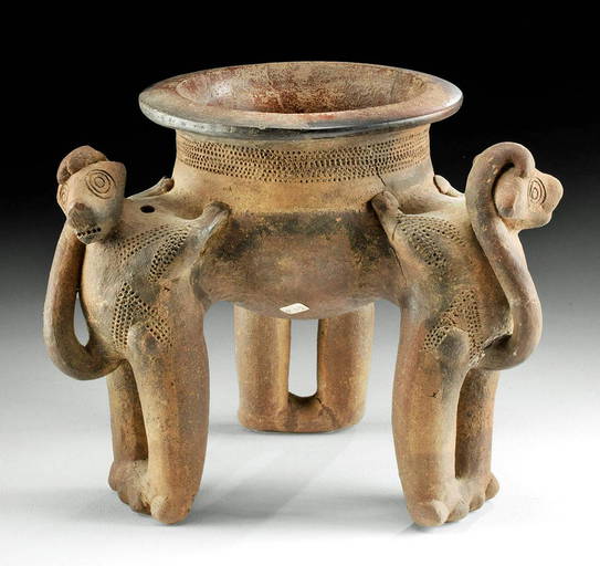 Costa Rican Pottery Tripod Bowl w/ Monkeys - Jun 29, 2022 | Artemis ...