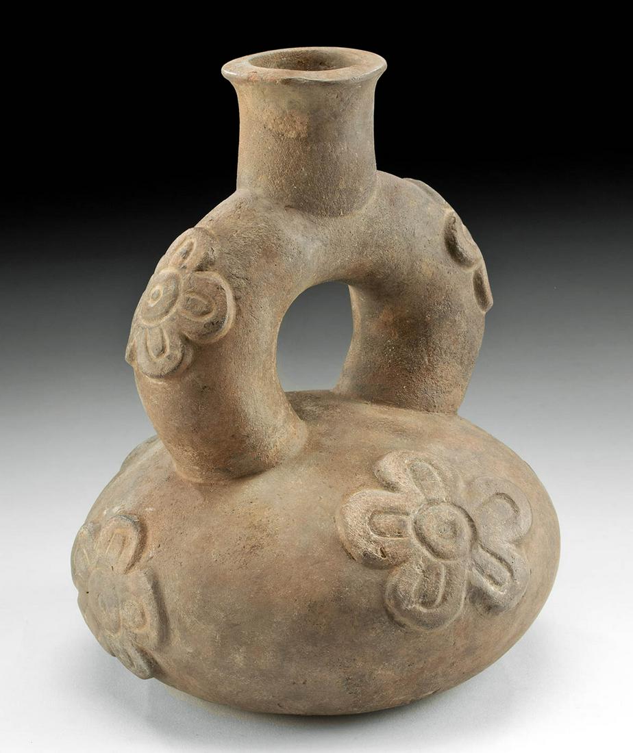 Chavin Pottery Stirrup Vessel W/ Flowers