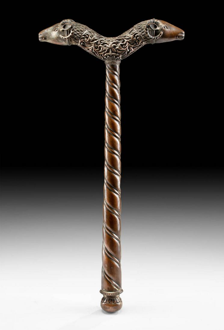 19th C. Indian Copper Ceremonial Mace W/ Ram Heads