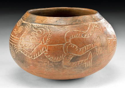 Maya Incised Pottery Bowl W/ Monkey Twins