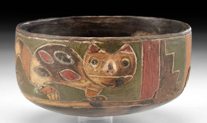 Paracas Incised Polychrome Bowl Pampas Cats, Tl'd