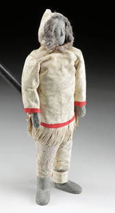 Antique Inuit Hand Made Doll, Dressed As For Winter, In Display Case.