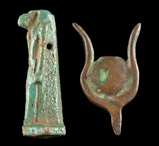 Egyptian Faience Thoth Amulet + Bronze Sun Disk