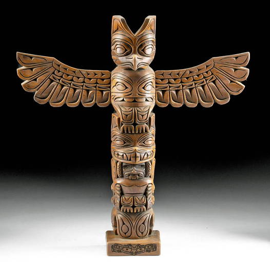 20th C. Alaskan Totem Pole W/ Thunderbird By Raven