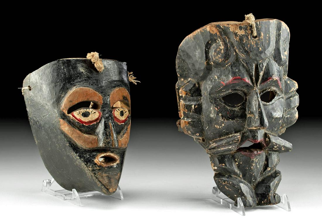 Early 20th C. Mexican Wood Dance Moro Masks, 2 Auction