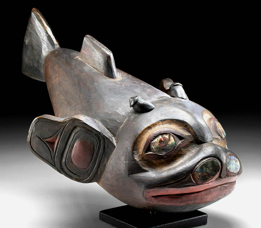 Rare 1900s Haida Wood & Abalone Sculpin Fish Headdress Auction