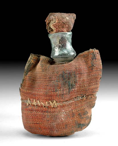 Eastern Roman Glass Kohl Jar W/ Textile Cover & Stopper