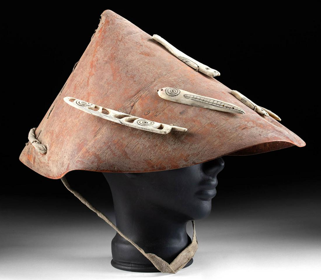 Fine 19th C. Yupik Bentwood Hunting Hat W/ Bone Charms Auction