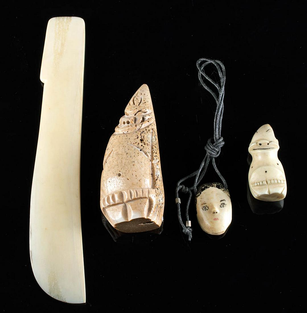 Inuit Walrus Ivory / Bone Carvings Pendant, Knife, 2 Figures Auction