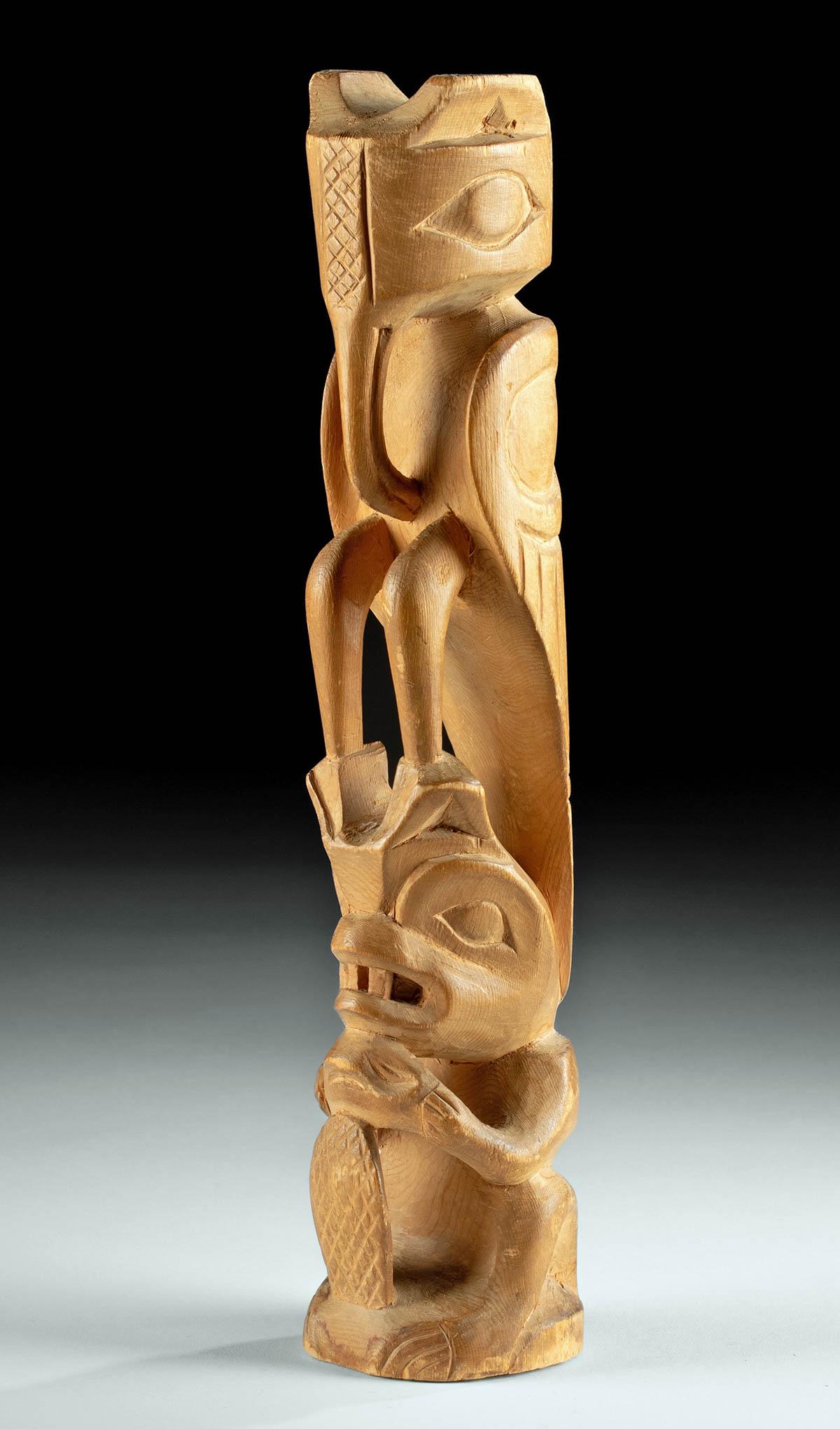 1930s Tlingit Carved Wood Totem Bird Seated Atop Beaver