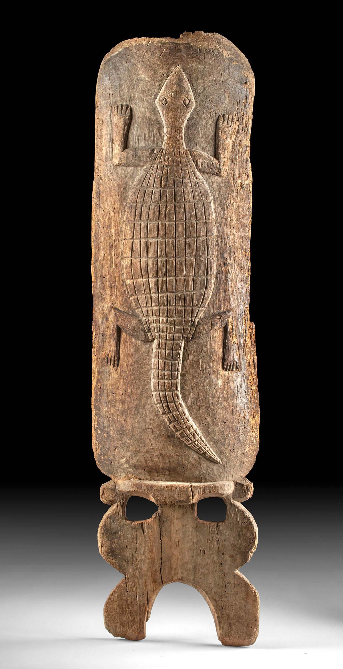 19th C. West African Mali Wood Chair Panel W/ Crocodile Auction