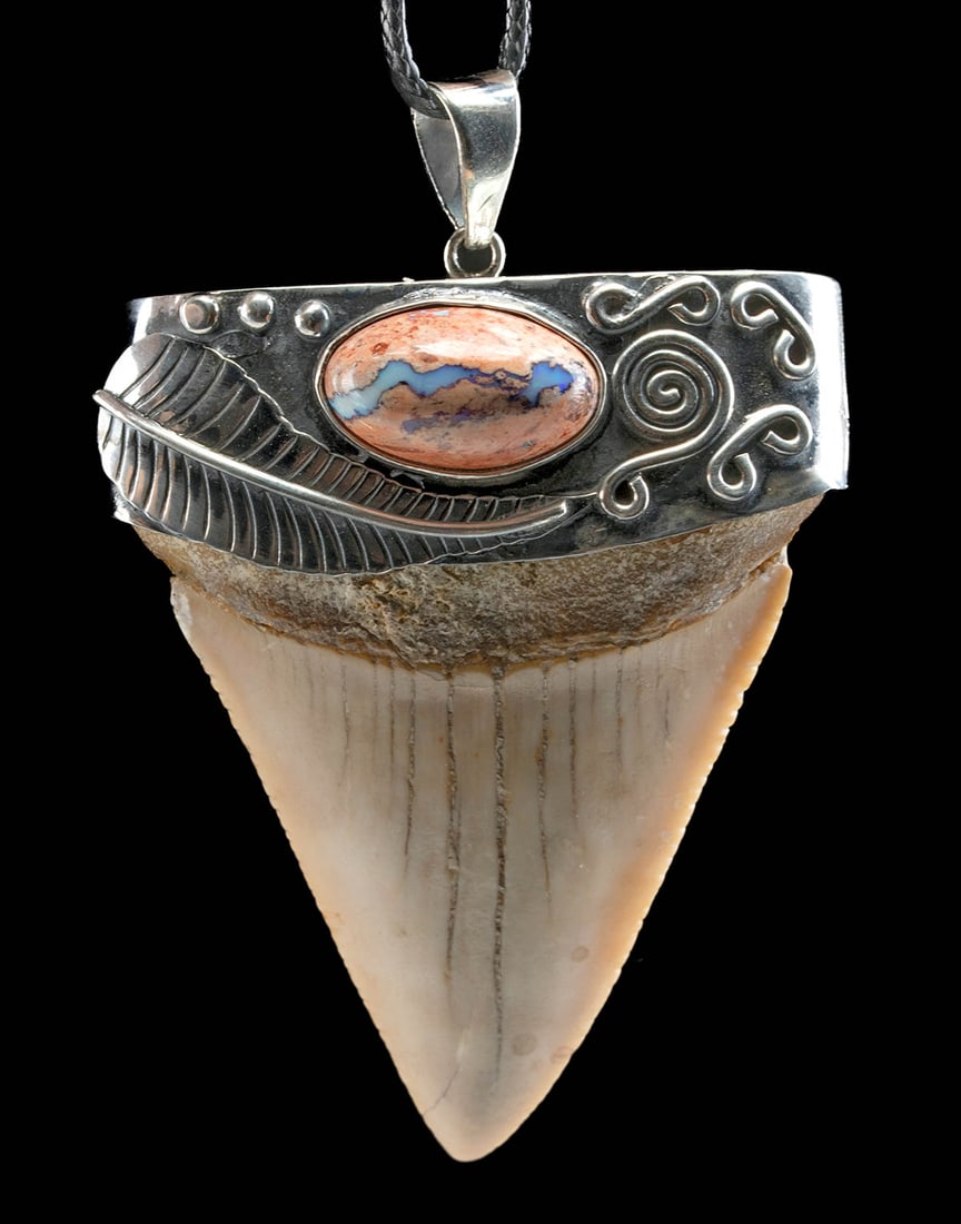 Mexican Opal, Silver, & Fossilized Shark Tooth Pendant Auction