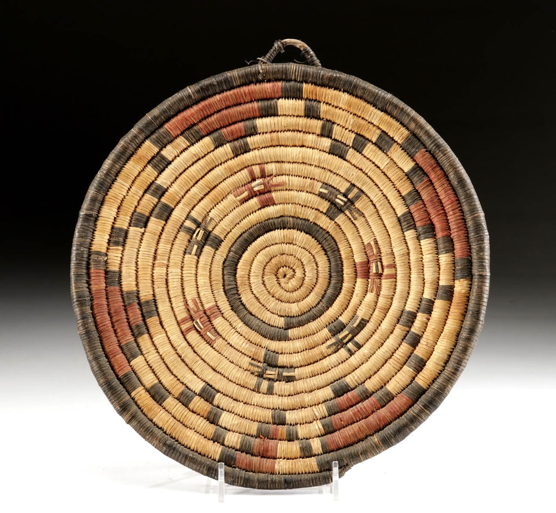 20th C. Hopi Basketry Wall Plaque W/ Deer And Mountains Auction