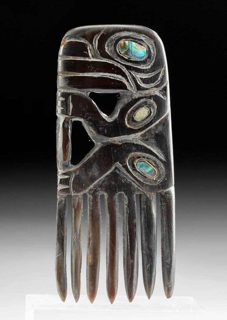 19th C. Tlingit Horn Totem Comb W/ Nacre Shells Auction
