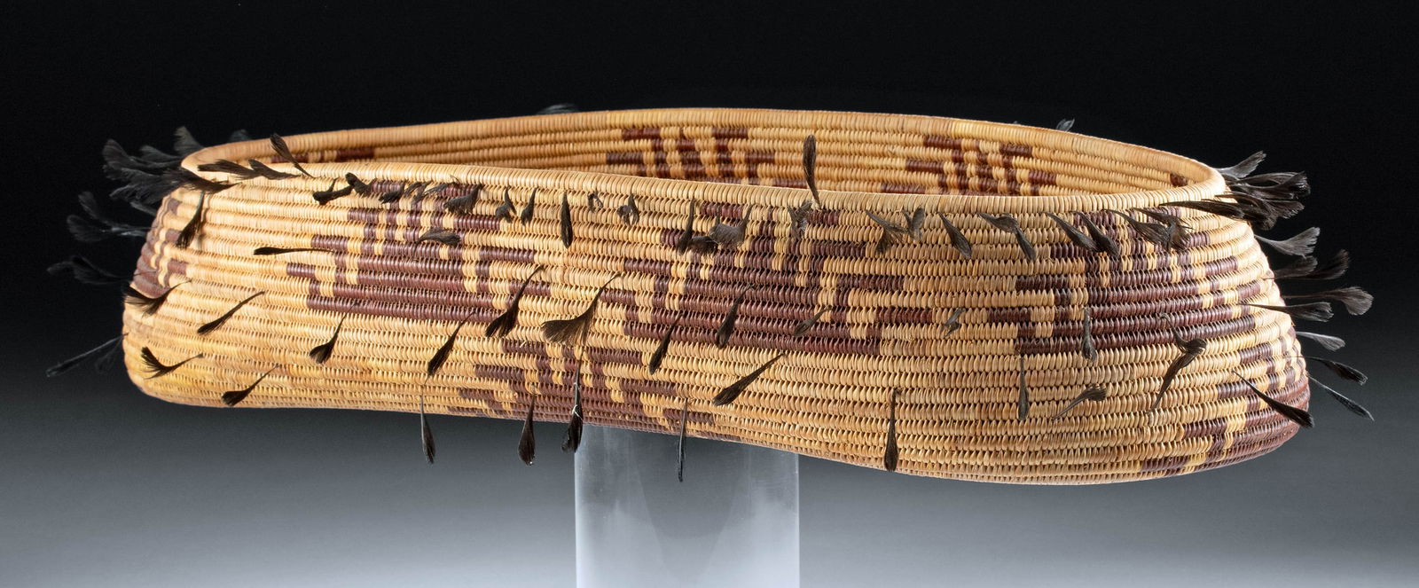 Superb California Pomo Basket W Quail Feathers Auction