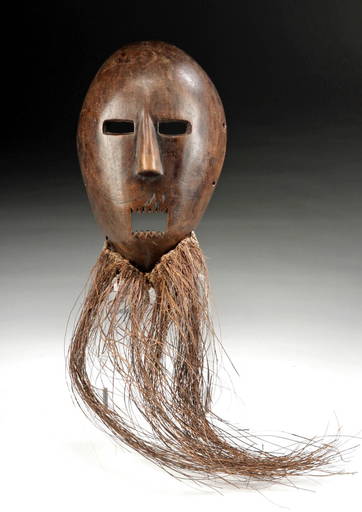 Early African Dan Wood Dance Mask, Raffia Beard