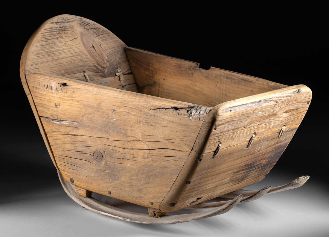 Early Inuit Wood Child's Sled, Caribou Bone Runners Auction