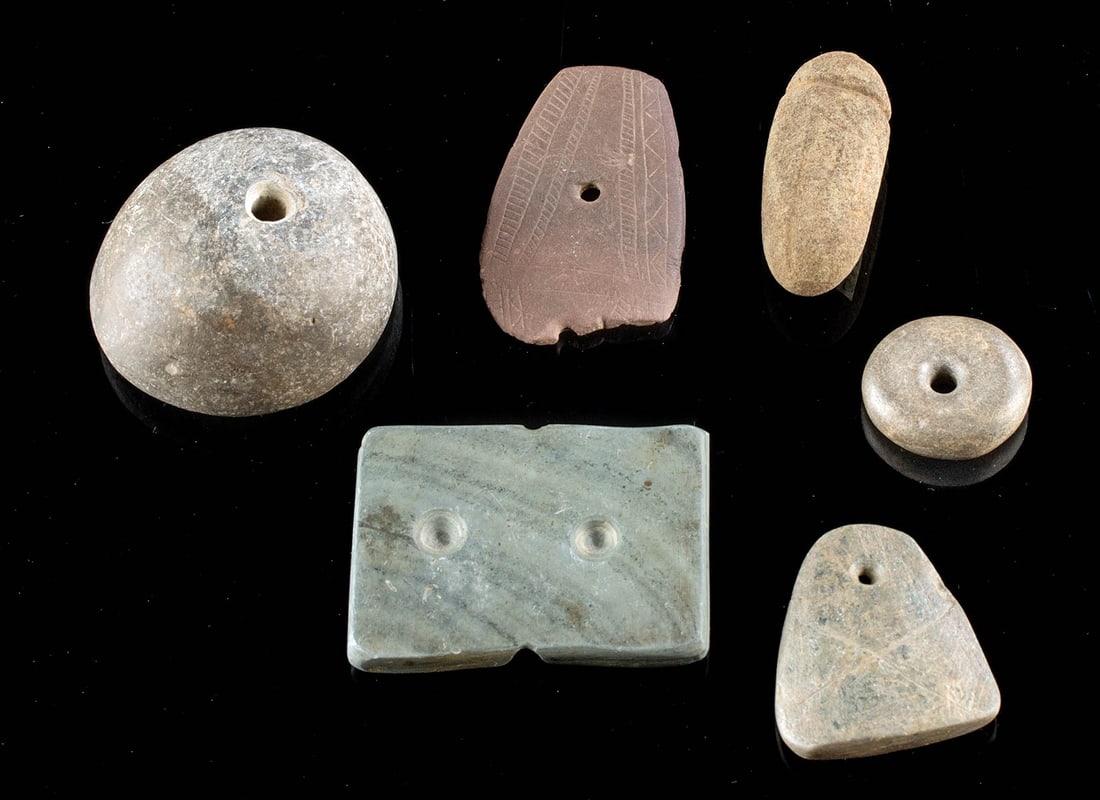 Archaic Native American Stone Gorget & Pendants, 6 Pcs Auction