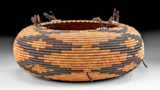 1930s Pomo Coiled Gift Basket W/ Quail Feathers
