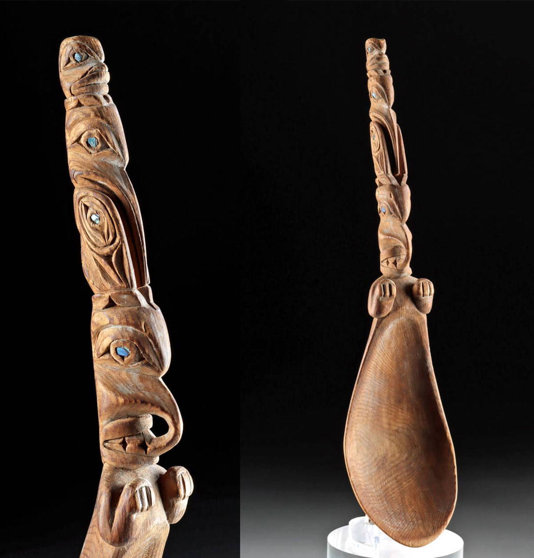 1890 Fort Wrangle Tlingit Wood Spoon Totemic Handle Auction