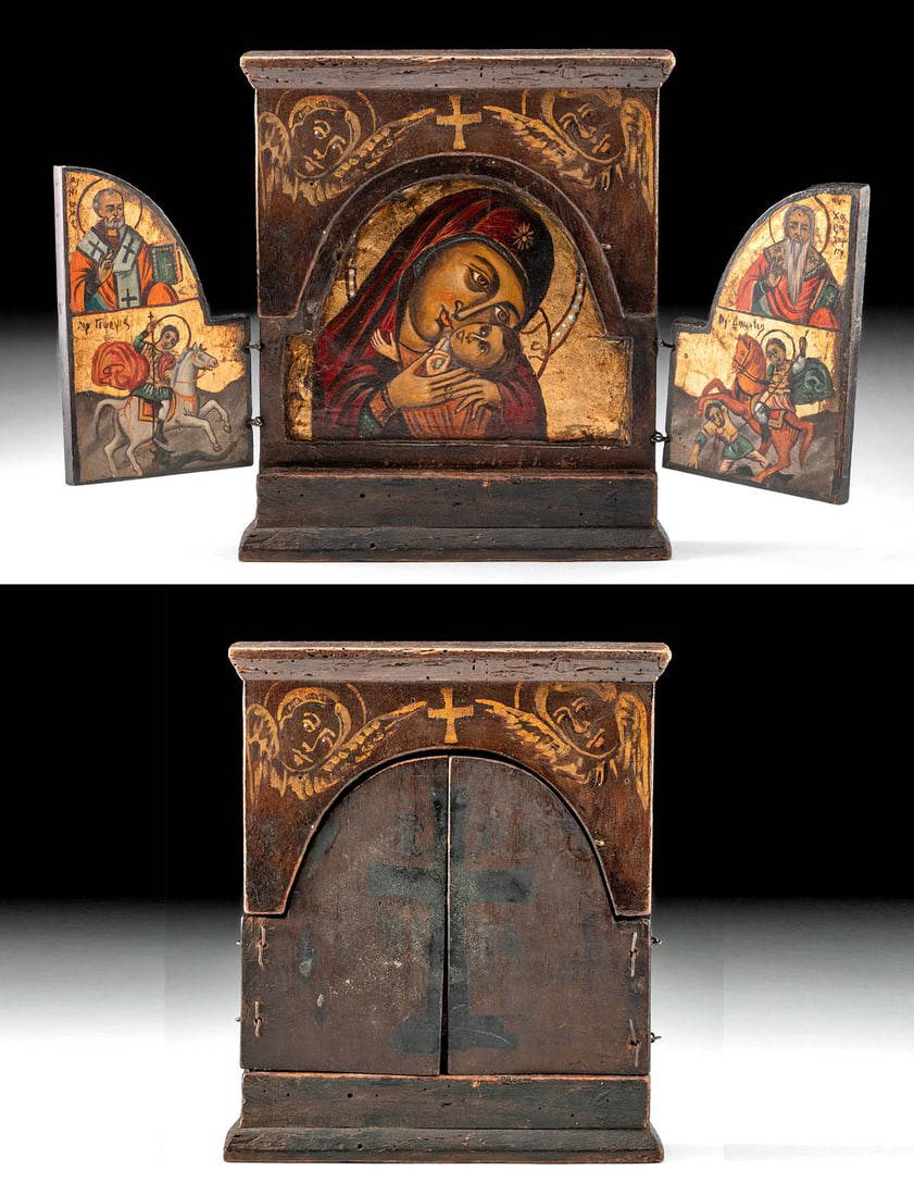 19th C. Greek Orthodox Wood Triptych Icon Auction