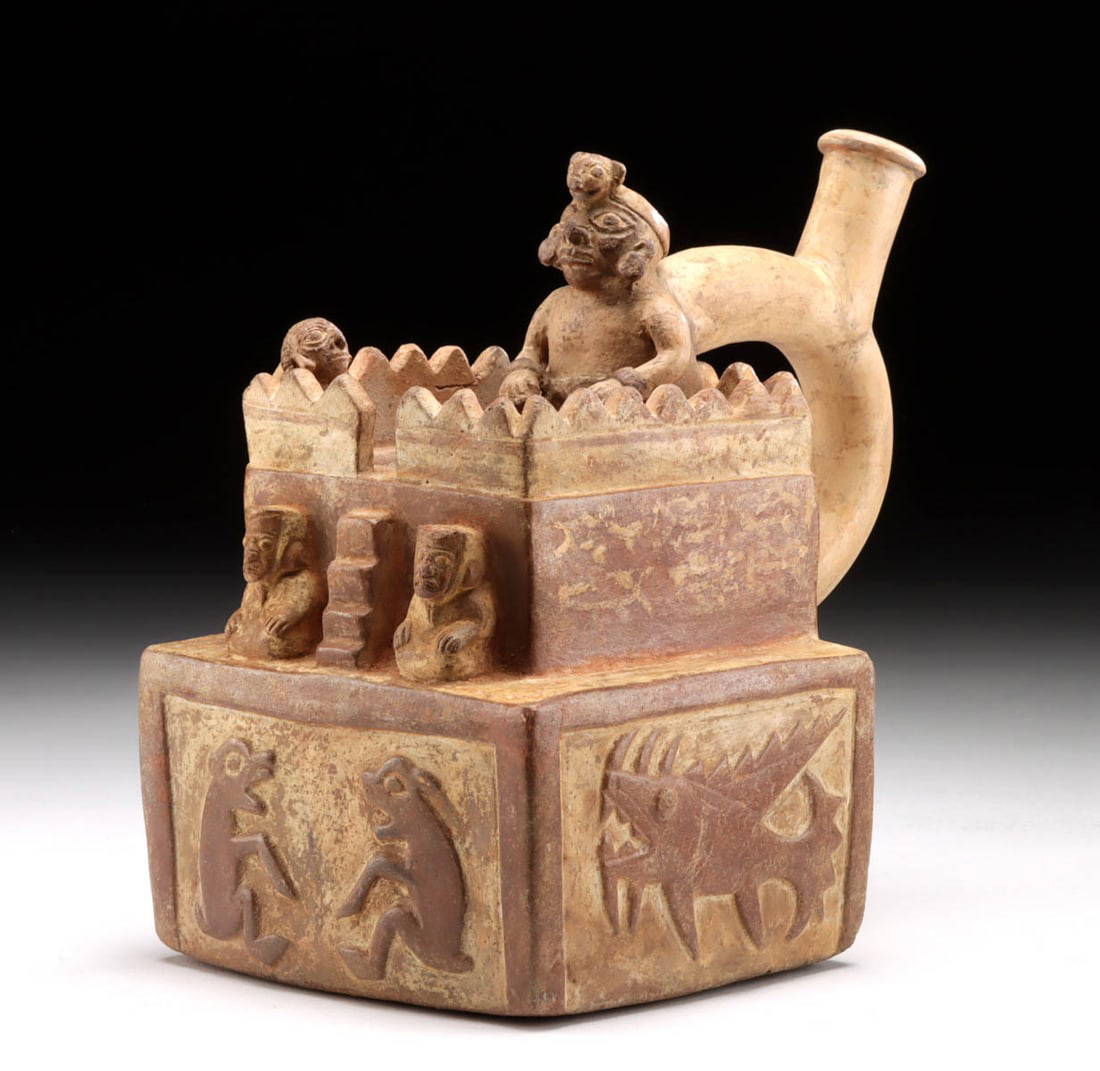Rare Moche Spouted Vessel - Fortress W/ Figures, Fish Auction