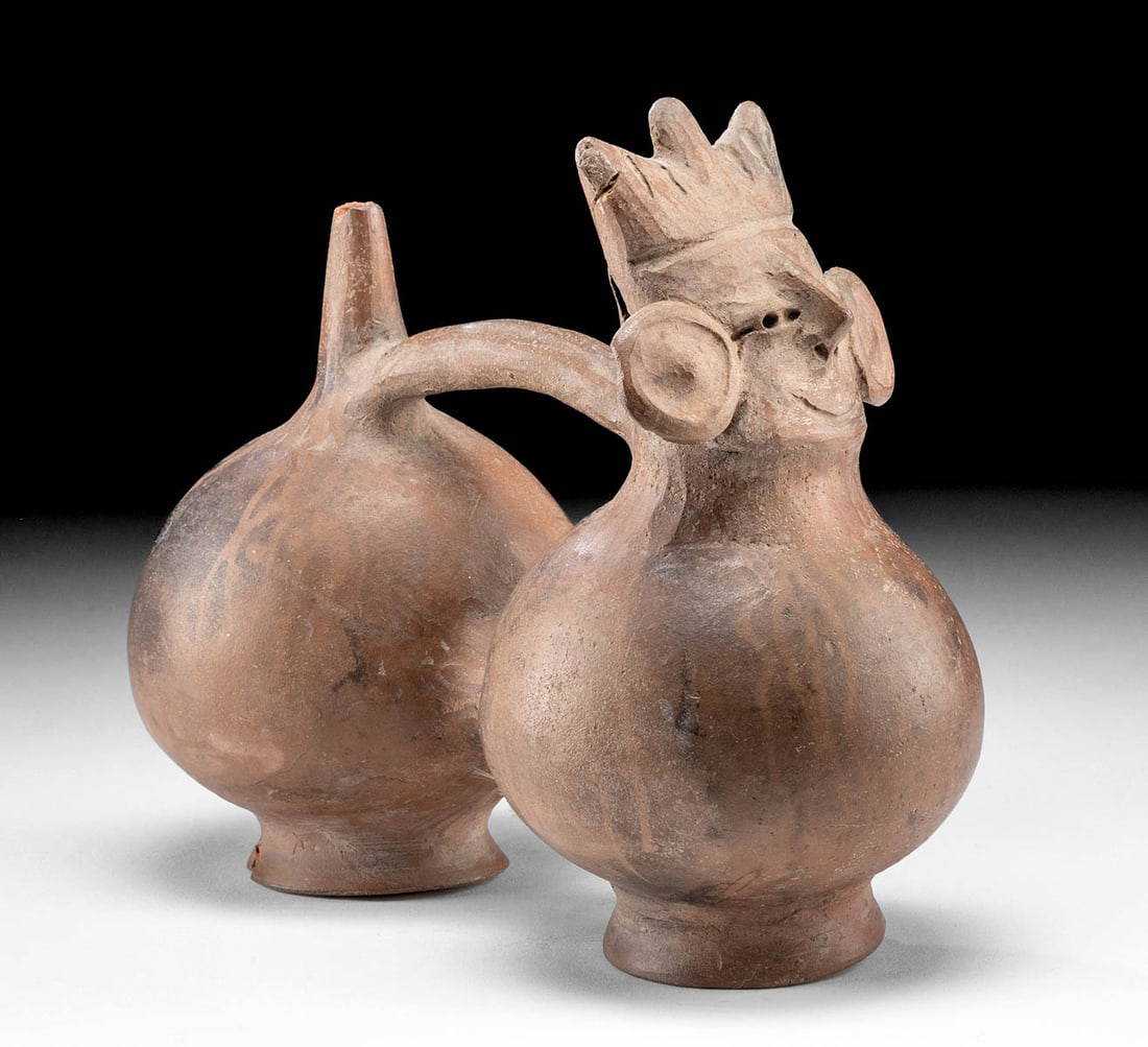 Vicus Pottery Stirrup Whistle Vessel W/ Head Of Lord Auction