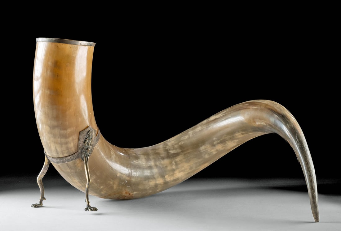 Huge 19th C. European Ox Horn Cornucopia, Silver Trim Auction