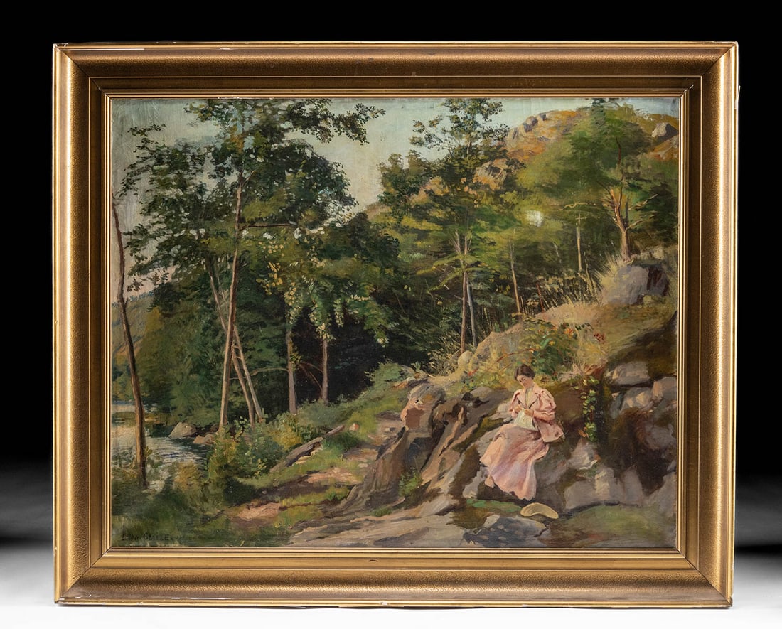 Leon Glaize Painting Of Woman In Woods Ca. 1890 Auction
