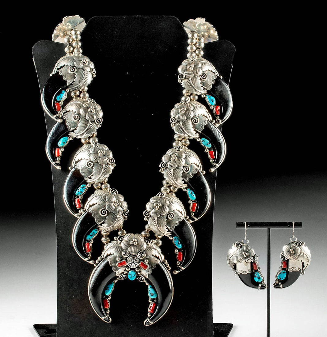 Navajo Naja Silver Necklace + Earrings Horn, Turquoise Auction