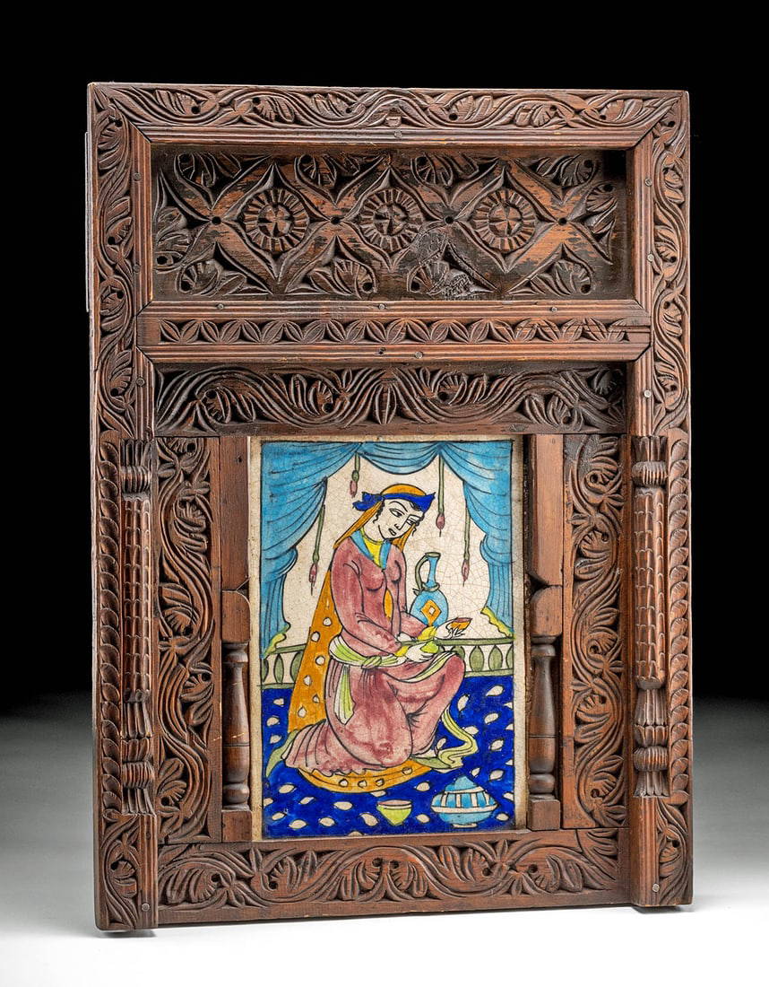 Buy 19th C. Persian Qajar Glazed Tile Of Lady In Wood Frame | Artemis ...