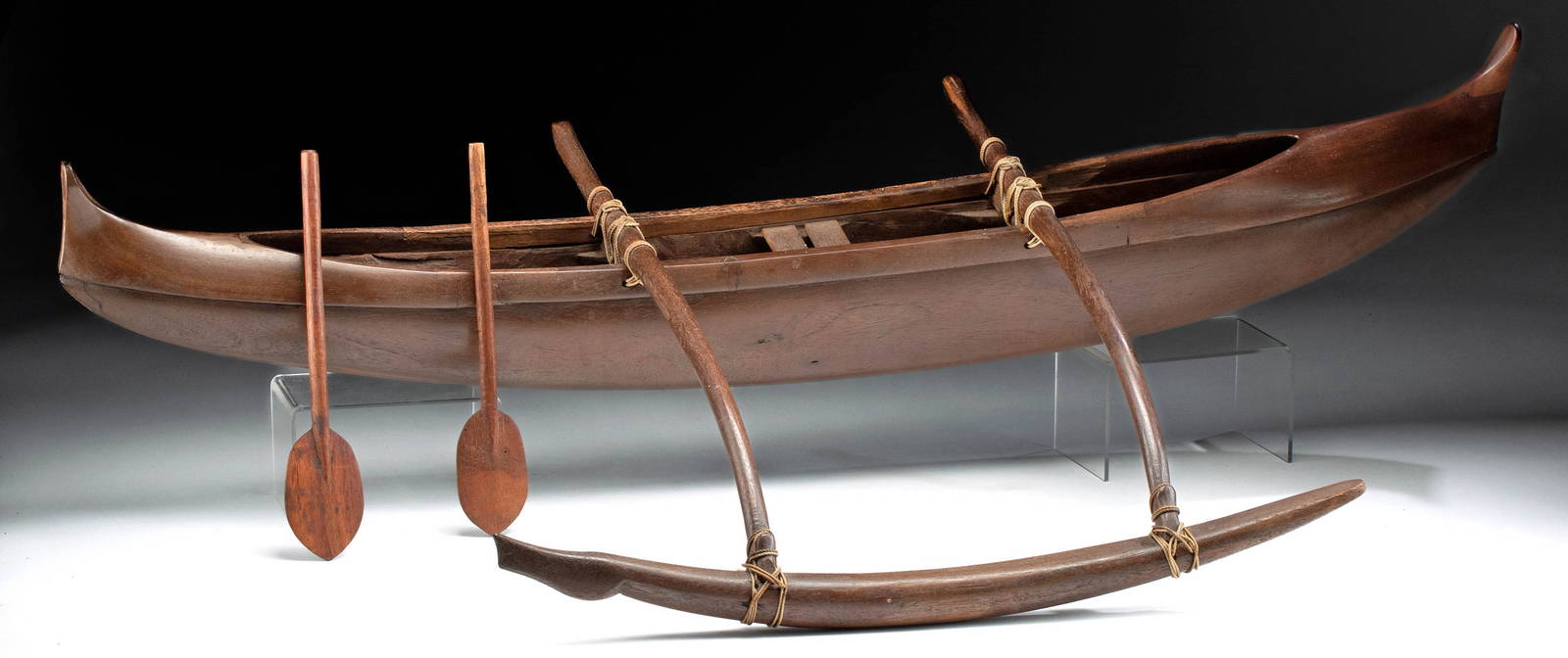Early Hawaiian Koa Wood Outrigger Canoe Model Auction