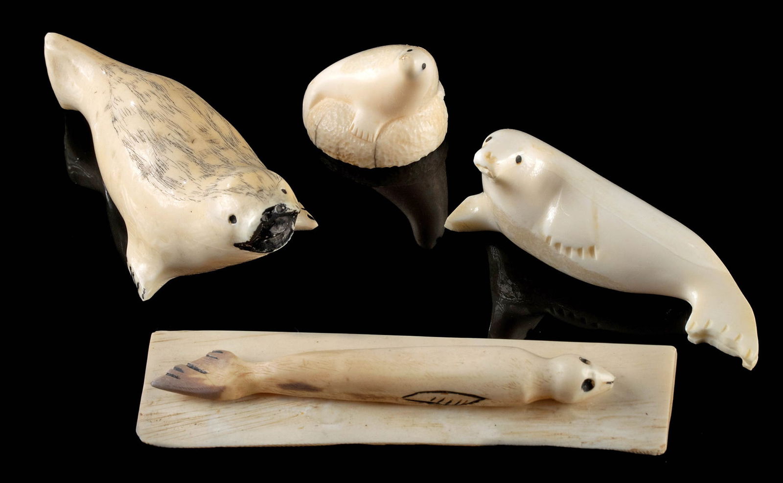 4 Miniature Inuit Walrus Ivory Sculptures Of Seals Auction