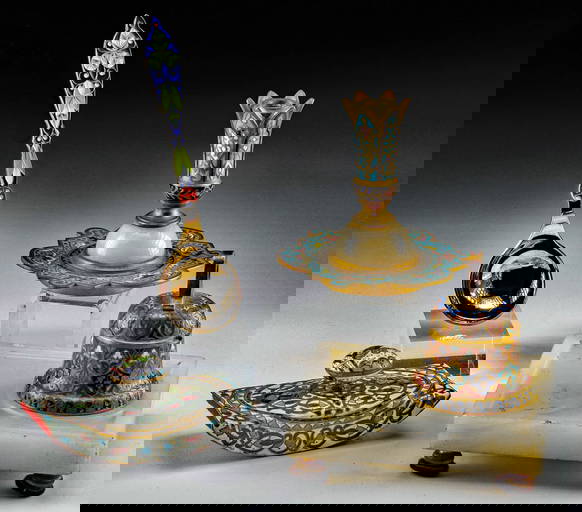 Russian Enamel Inkwell, Blotter, Spoon, & Candlestick