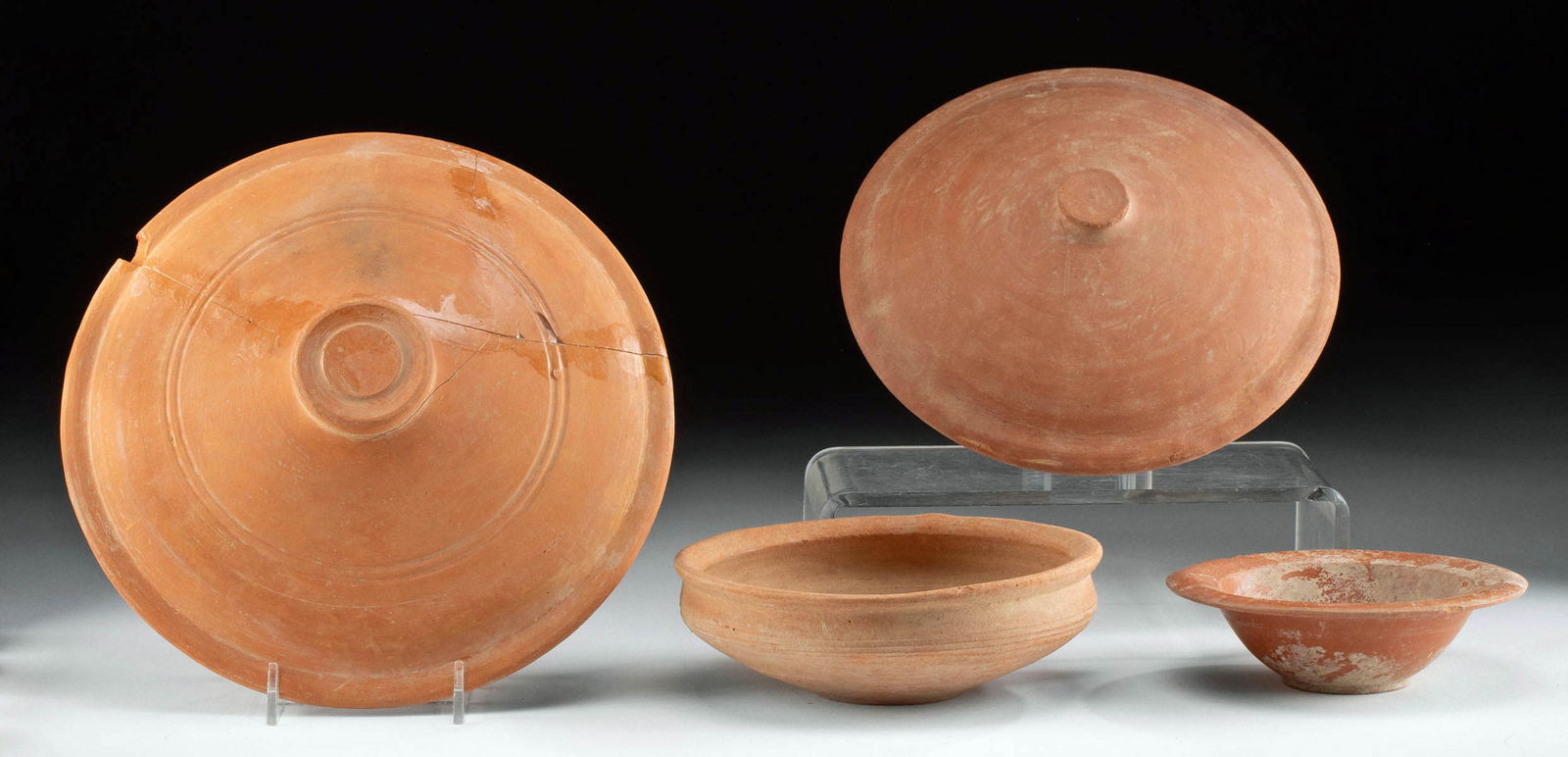 2 Roman Redware Bowls & 2 Lids Auction