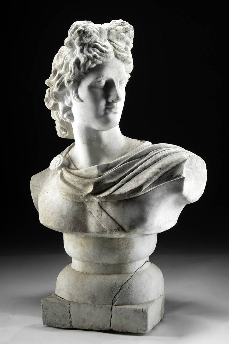 Huge Neoclassical Marble Bust Of Apollo Belvedere Auction