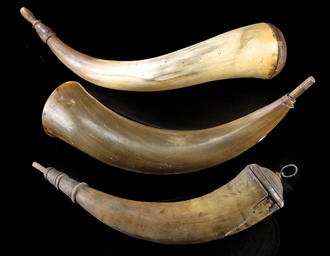 Three 19th C. American Gun Powder Horns, Cow & Bison Auction