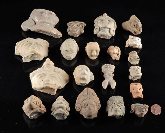20 Pre Columbian Pottery Heads, Humans & Animals