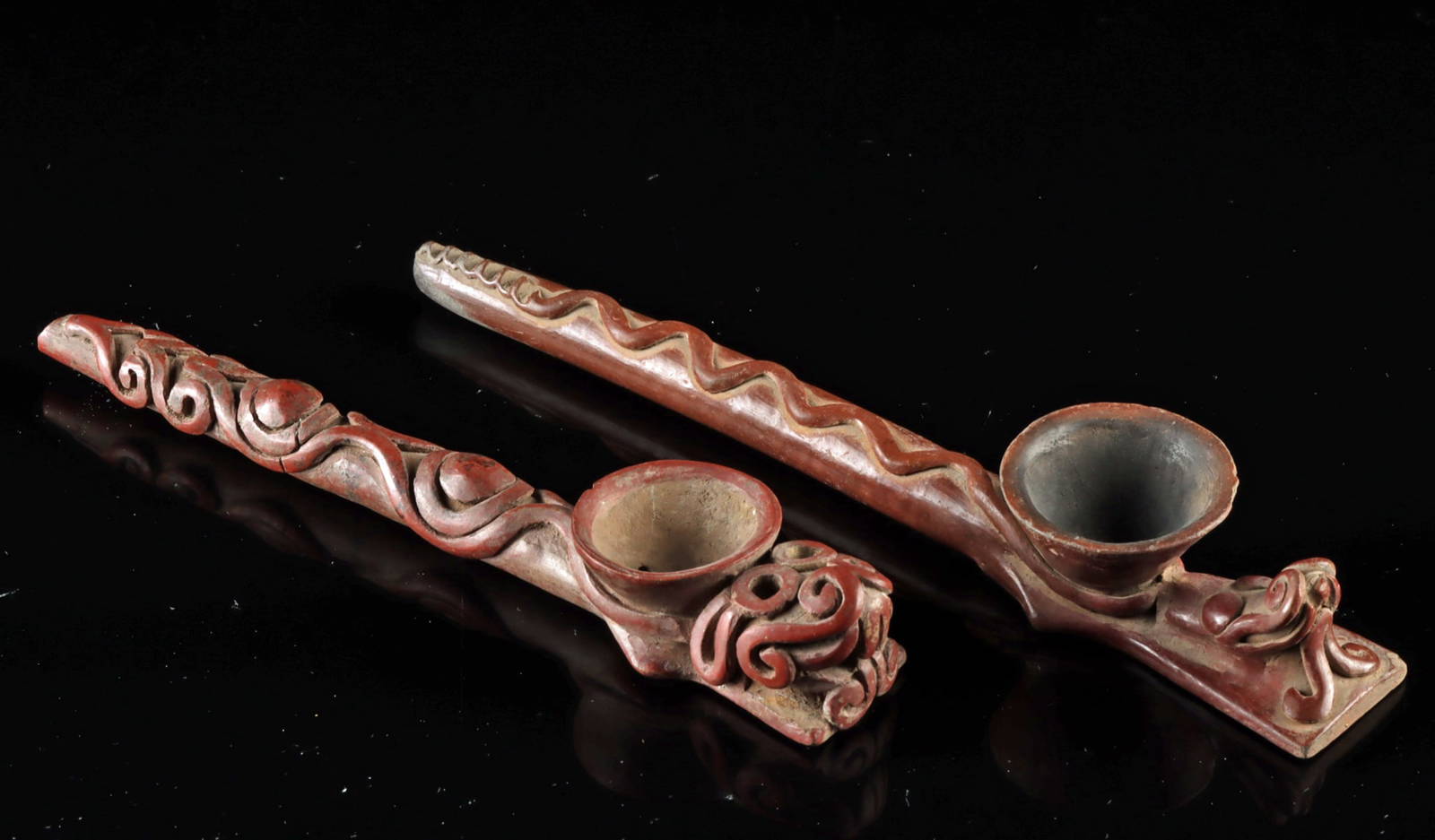 2 Aztec Redware Pipes - Stylized Snakes Auction