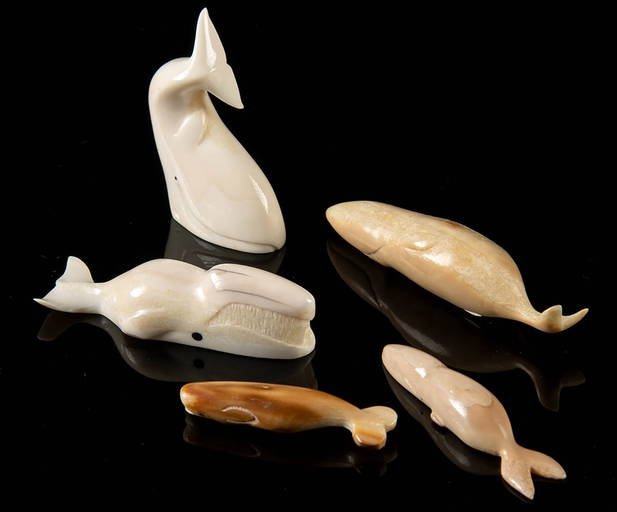 5 Miniature Inuit Walrus Ivory Whale Figurines